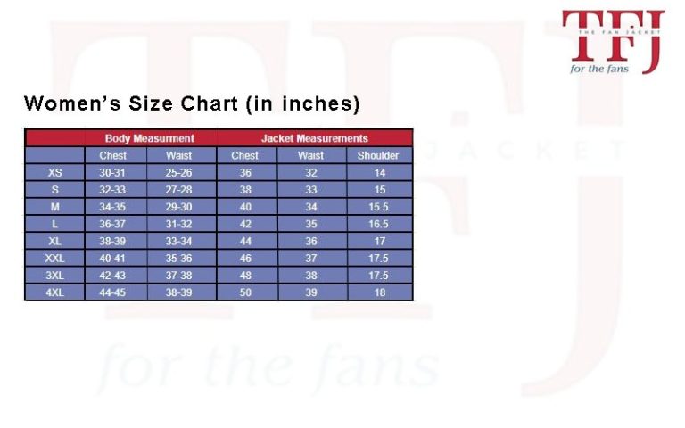 Size chart – The Fan Jacket